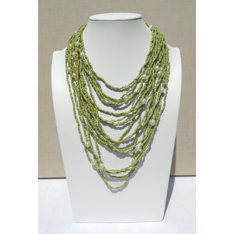 Collier multi-rangs perles nacrées vert - Cotecadeaux
